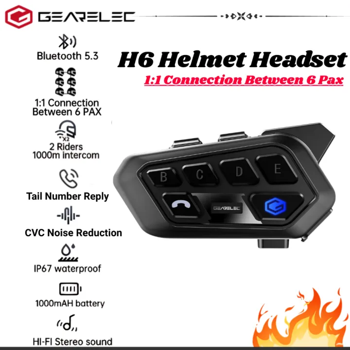 GEARELEC H6 Motorcycle Helmet Intercom Headset 1000m Range 6 Riders ...