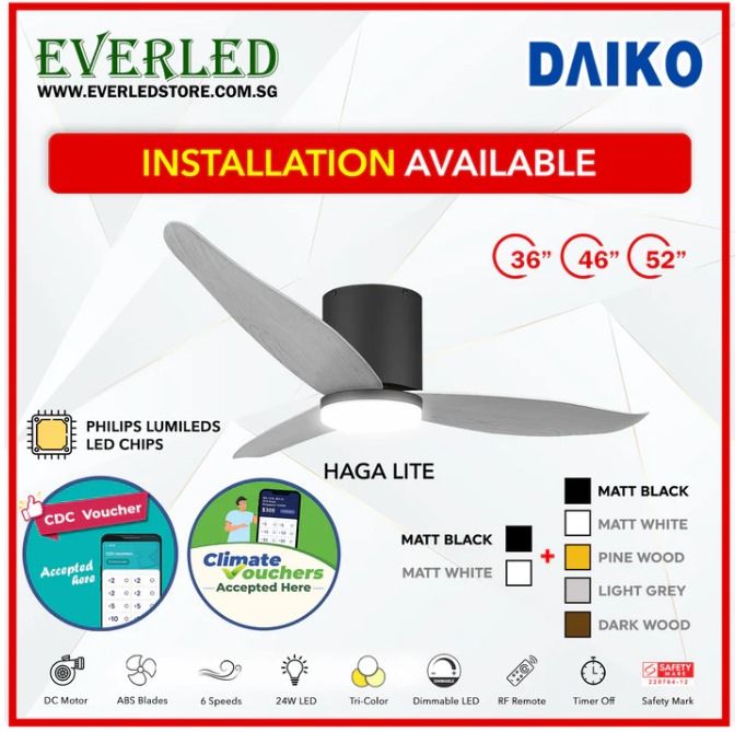 [FREE INSTALLATION] DAIKO Haga Lite 36"/46"/52" DC Ceiling Fan (with ...