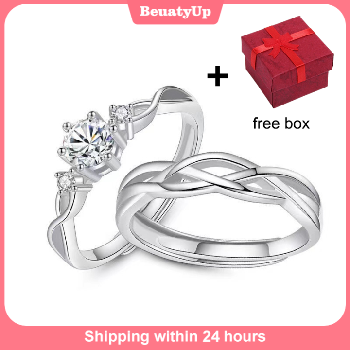 2 Pcs/set Diamond Couple Ring with Free Box Crystal Wedding Adjustable ...