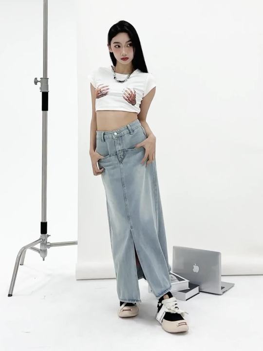 Ammin 2024 Summer new button-up high-waisted fashion slit design long ... Ammin 2024 Summer new button-up high-waisted fashion slit design long ...