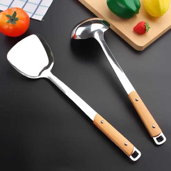 Stainless Steel Spatula/Frying Spoon with Wooden Cover 木柄不锈钢锅铲/勺子 | Lazada