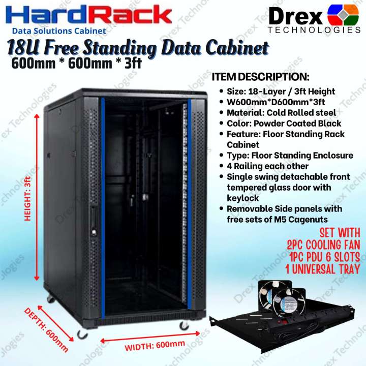 Hard Rack 18U 600x600x3FT Free Standing Data Cabinet With 2 Exhaust Fan ...