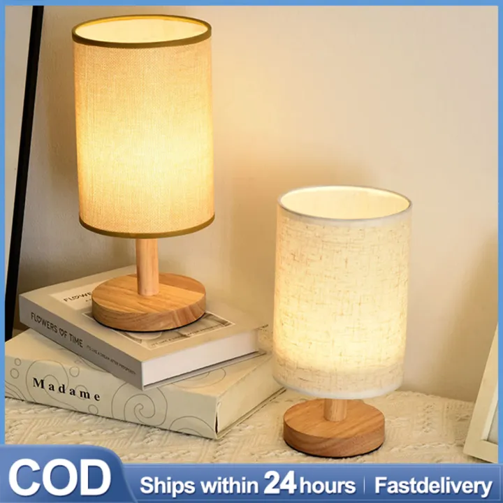 Wooden Study Table Lamp with Fabric Art Shade LED Night Light for ...