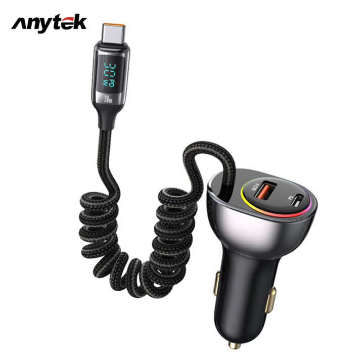 USB C 60W Fast Car Charger 3-Port USB Charger With Digital Display PD30W Type-C Coiled Cable ...