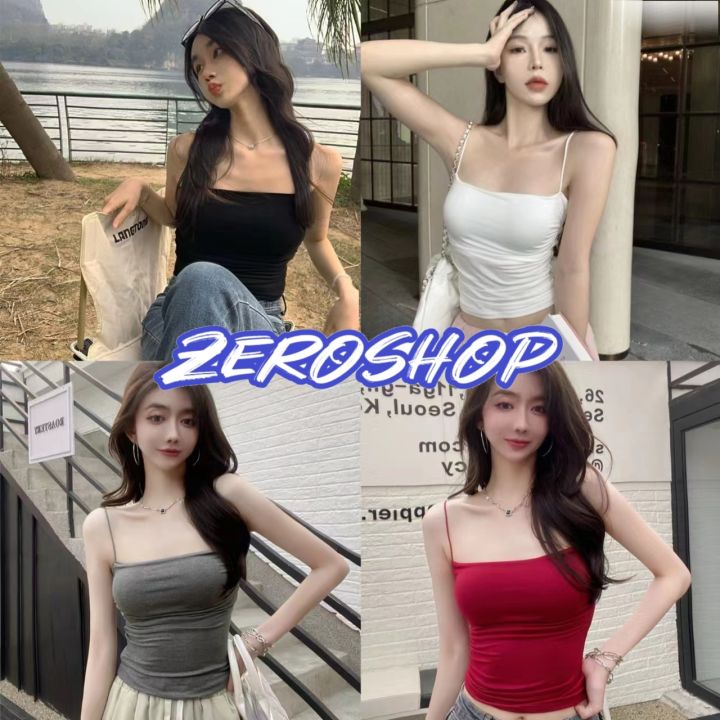 Zero shop🐰พร้อมส่ง🐰 (Zero-FY3383)เสื้อสายเดี่ยวสีพื้น ผ้านิ่มเด้ง มีฟองน้ำ ขอบเสื้อย่นๆ -DD ...
