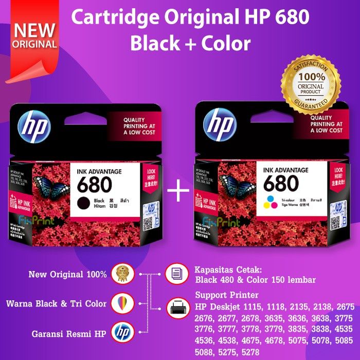 Cartridge Tinta HP 680 Color F6V26AA Printer 1115 2135 2676 3775 4535 ...