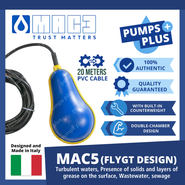 MAC5 Float Switch (Flygt Design) with 20-meters PVC Cable for Wastewater, Sewage, and Turbulent ...