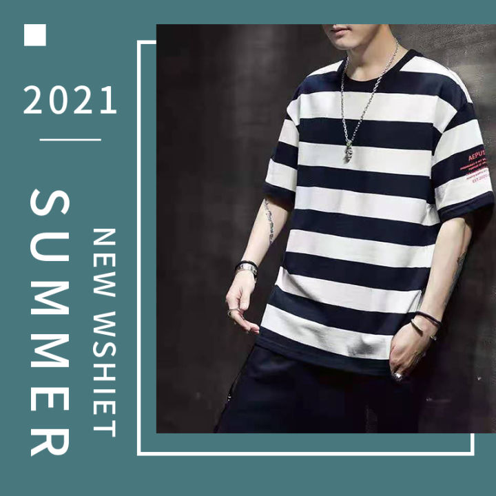 Jamle 🎆เสื้อยืดแฟชั่นผู้ชาย สไตล์เกาหลี ลายทางสลับสี👕 มีหลากหลายโทนสี ...