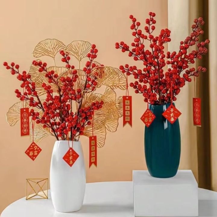HOUCHU Tự làm Cành quả mọng đỏ Tuyết phủ Thực tế Cây giả Đồ trang trí ...