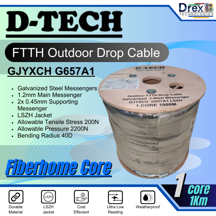 D-Tech FTTH Fiber Drop Cable 1Core 1KM G657A1 - with 3-Steel 1.2MM ...