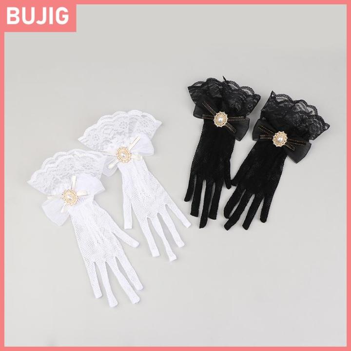 BUJIG ถุงมือลูกไม้ตาข่ายโลลิต้าสำหรับเด็กผู้หญิงถุงมือลูกไม้สีดำสีขาว ...