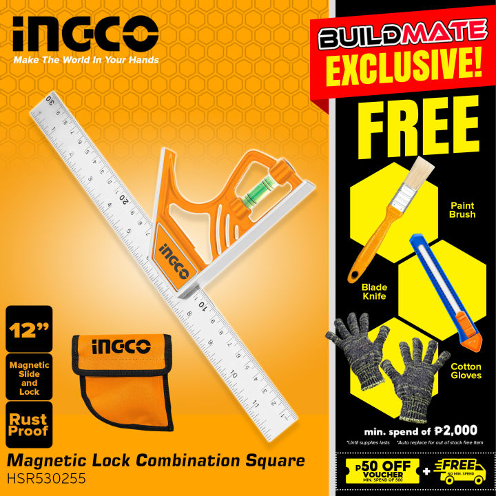 BUILDMATE Ingco Magnetic Lock Combination Square Stainless Steel 12 ...