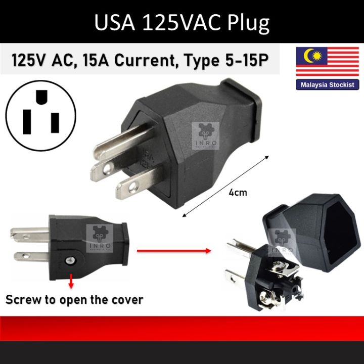 USA 3 Pin Plug, 5-15P, 125V AC 15A, NEMA 5-15, 110V, Cable Mount | Lazada