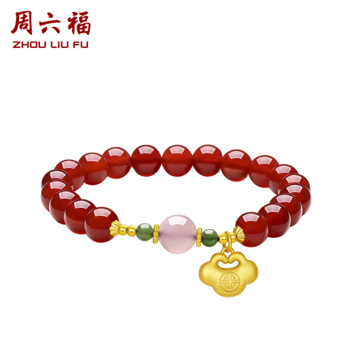 ZHOU LIU FU 周六福 925 Sterling Silver Agate Beaded Bracelet Lucky Lock ...