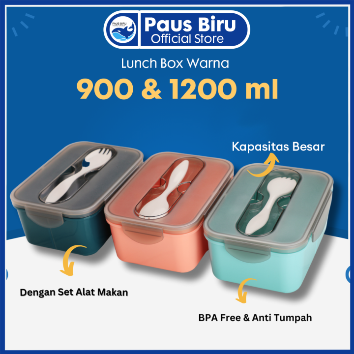 Paus Biru - Lunch Box Warna dengan Set Alat Makan Kotak Bekal Lunchbox 900ml dan 1200ml Kotak ...