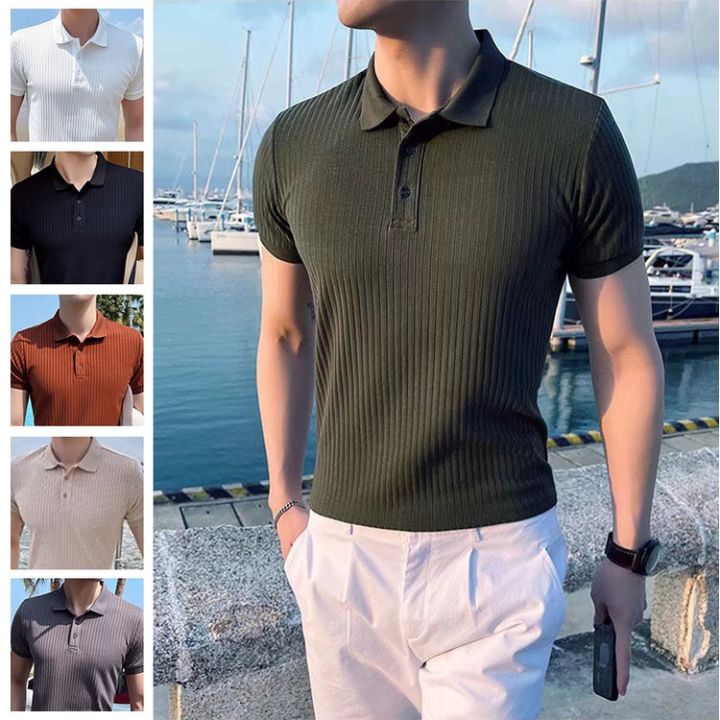 【m 3xl】stripes Texture Plain Slim Fit Casual Stand Collar Polo Shirts