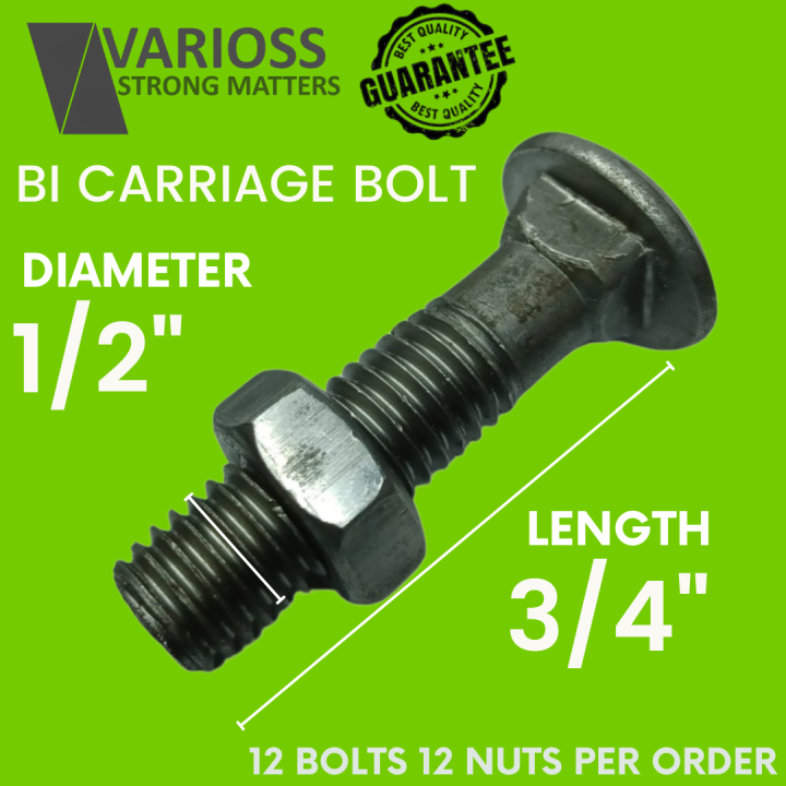 1/2 BI Carriage Bolts with nuts - 12 pcs per order, 1/2 " diameter x 3/ ...