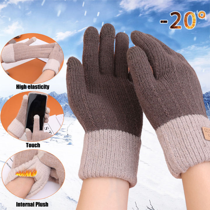 Winter Warm Thick Plush Knitted Gloves Touch Screen Solid Color Mittens ...