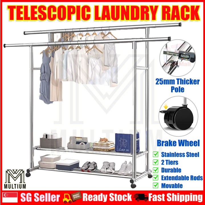 Stainless Steel Laundry Rack 2.4 Meters, 2-in-1 Heavy Duty Steel Multi ...
