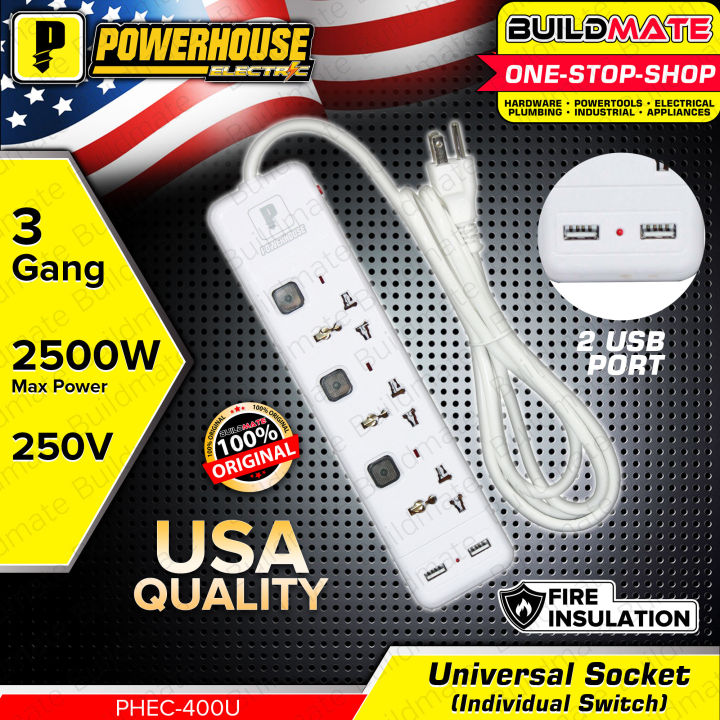 POWERHOUSE Electric Extension Cord with Individual Switch, USB and ...