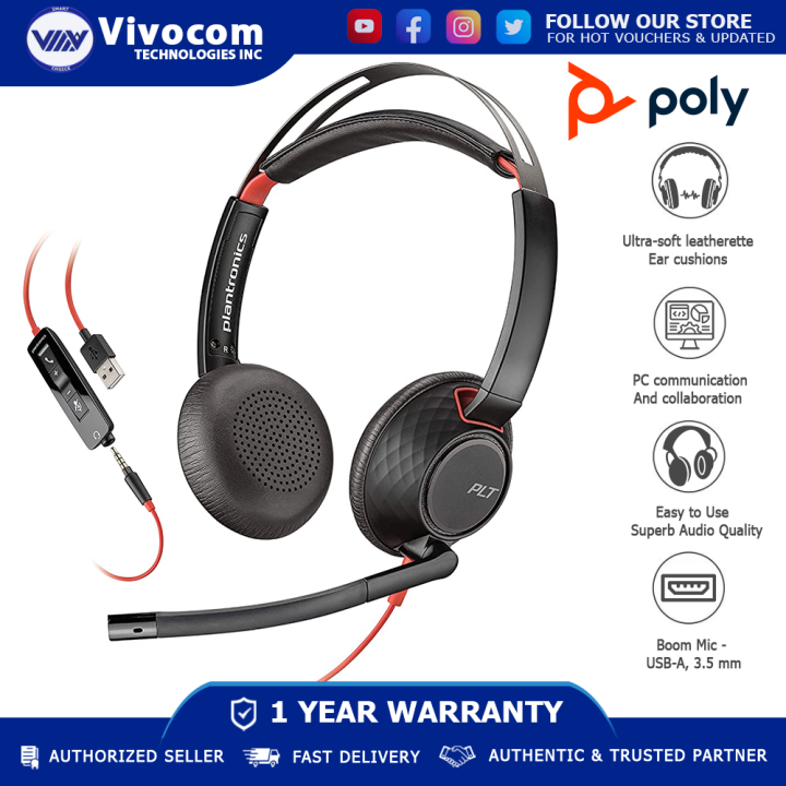Poly Blackwire 5220 USB-A Headset - Wired, Dual Ear (Stereo) Computer ...