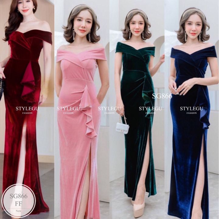 ML866 ชุดราตรียาวคอวีสวยมากพรางแขนพรางพุง ผ้ากำมะหยี่เนื้อดียืด อกเสริม ...