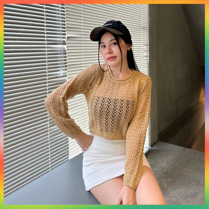 🌈MesubShop🌈เสื้อแขนยาว เนื้อผ้าไหมพรมทอลายฉลุ ผ้ายืดตามตัว สาวอวบใส่ได้ ชายแขนจั๊ม พร้อมส่ง รุ่น ...