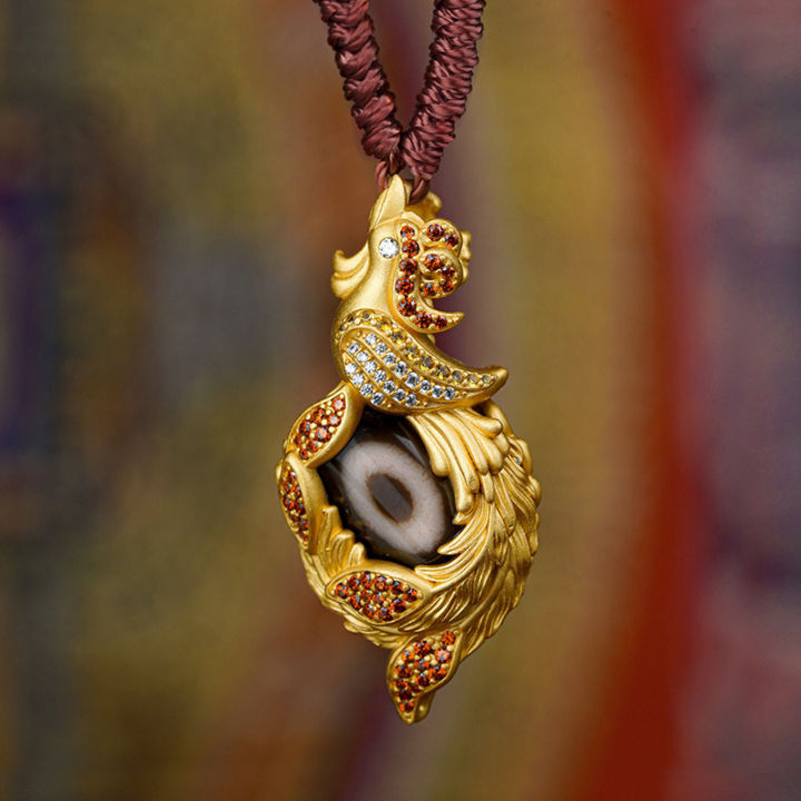 Dapeng Bird Two-Eyed Dzi Bead Pendant Necklace Tara Inlaid Tiger Tooth ...