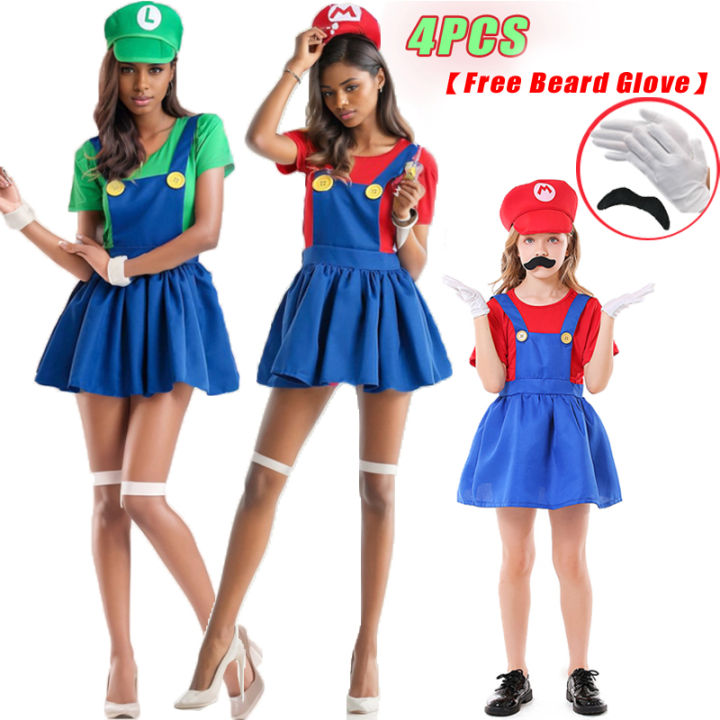 Adult Super Mario Costume Halloween Super Mary Dress Hat Glove Beard ...