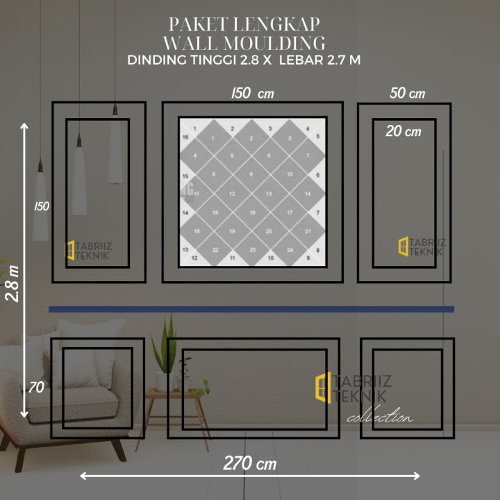 Paket Wall Moulding dan Kaca Non Bevel Ukuran dinding tinggi 2.8 Meter ...