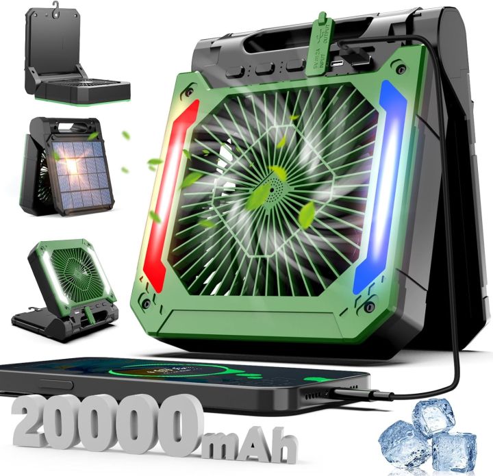 5Blades Portable Fan Solar Charging Fan with LED Light 20000mAh Outdoor ...