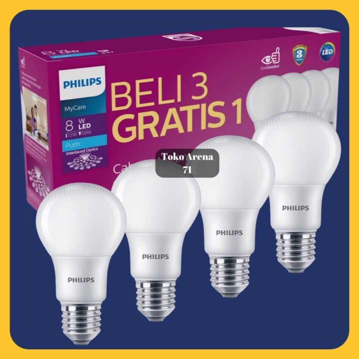Lampu Bohlam Philips LED Bulb 8W 8Watt 8 Watt Multipack Bundling LED Philips MyCare Cahaya Putih ...