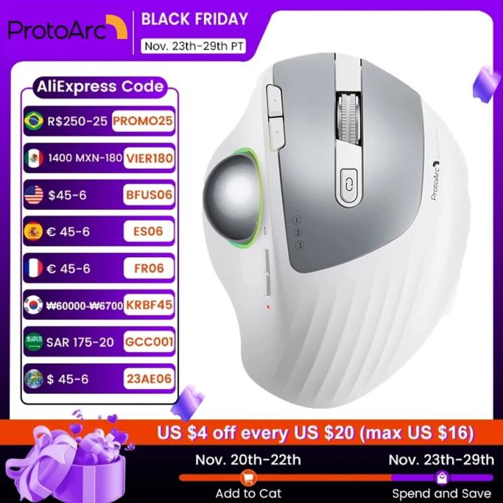 Protoarc EM01 RGB Wireless Trackball Mouse 2.4G Bluetooth Ergonomic ...