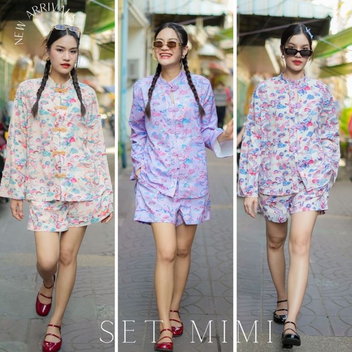 THONGYOY-Set mimi sweet dragon ชุดเซ็ทเสื้อคอจีนกางเกงขาสั้น ชุดใส่เที่ยวสวยๆสบายๆ | Lazada.co.th