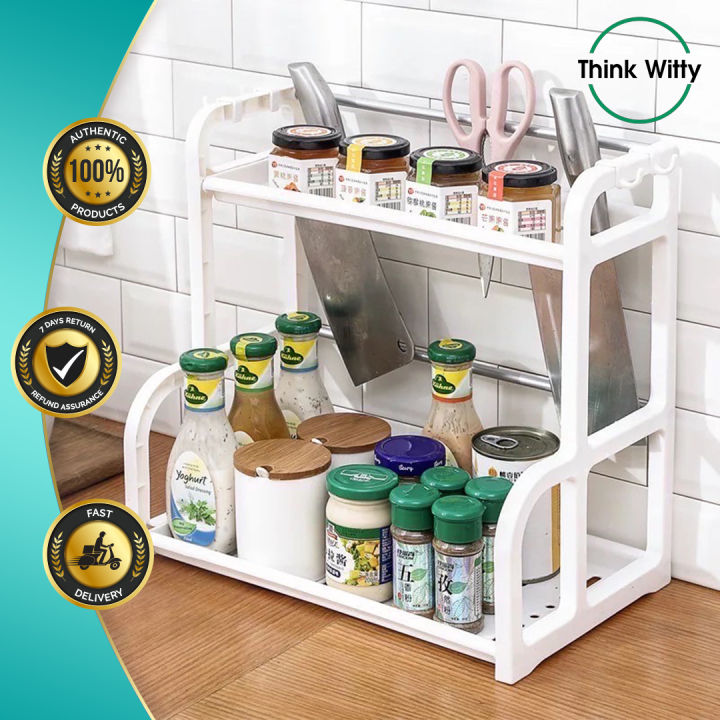 Double Layer Kitchen Shelf Spice Organizer Seasoning Holder Knives ...
