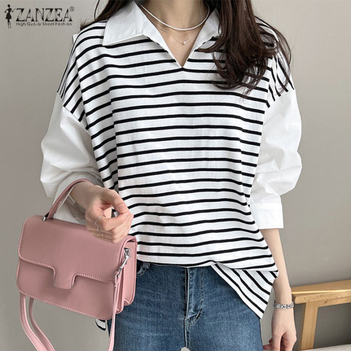 Zanzea Korean Style Women Versatile Stripe Printed Turn Down Collar