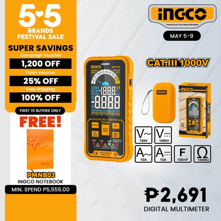 INGCO DM7505 Digital Multimeter Tester DM7505 CAT III-1000V IPT | Lazada PH