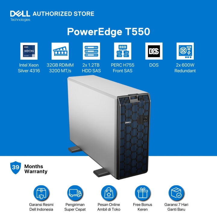 Dell PowerEdge T550 Server [Xeon Silver-4316-32GB-2x1.2TB SAS-DOS-3YR ...