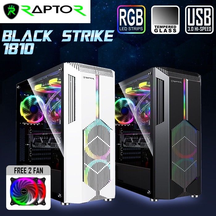 Casing Gaming RAPTOR Black Strike 1810 LED RGB Tempered Glass + 2 FAN ...