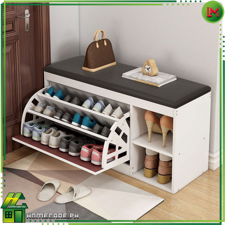 HOMECARE PH. Wooden Flip-Down Shoe Rack Organizer with Puff Surface ...