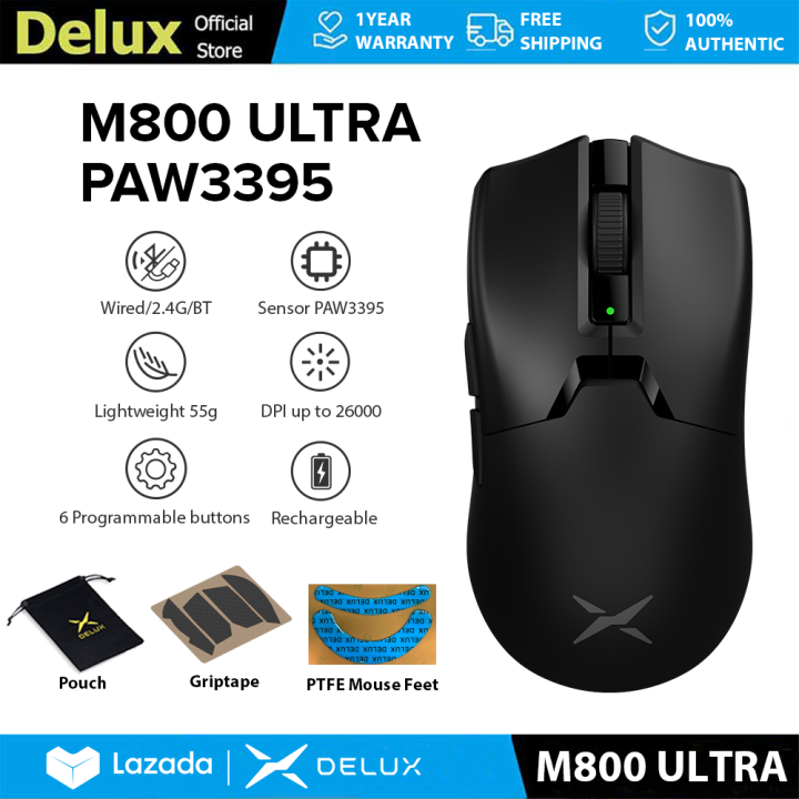 Delux M800 Ultra Gaming Mouse PAW3395 DPI MAX 26000 Wired 2.4G Bluetooth Wireless Rechargeable ...