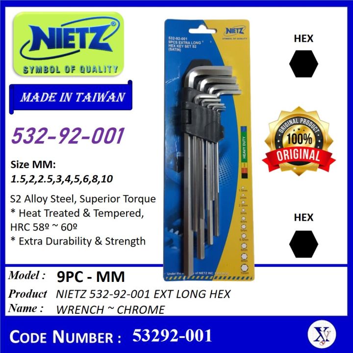 53292-001 9PC - MM NIETZ 532-92-001 EXTRA LONG HEX WRENCH CHROME ( 53292001 ) NIETZ ALLEN KEY ...