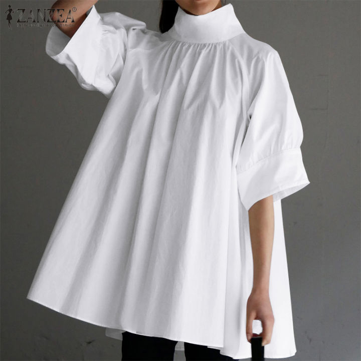 Zanzea Korean Style Womens Blouse High Neck Short Sleeve Pleated New