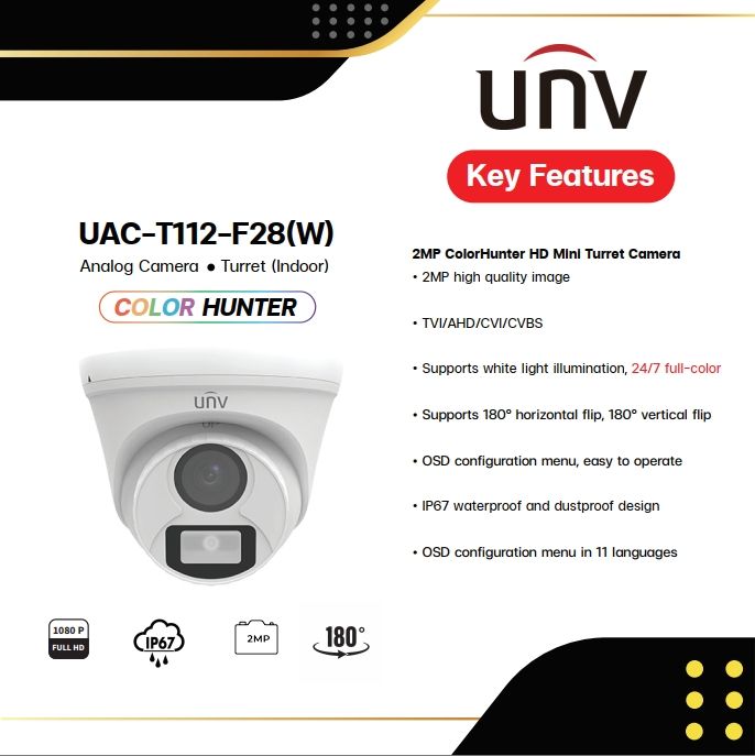 UNIVIEW กล้องวงจรปิด 2 ล้านพิกเซล รุ่น UAC-T112-F28 (W) 2MP Color Hunter HD Fixed IR Mini Turret ...