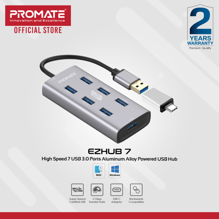 Promate EzHub-7 Aluminium Alloy Powered USB Hub • 7 USB 3.0 Ports • USB-C Adaptor • 5Gbps ...
