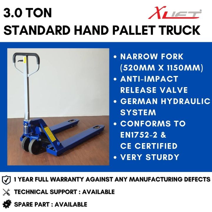 X-LIFT 3 Ton Hand Pallet Truck Narrow Fork (520mm x 1150mm) Manual ...