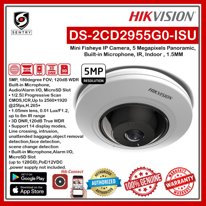 Hikvision Fisheye IP Camera DS-2CD2955G0-ISU 5 MP 1.05 mm Built-in Mic ...