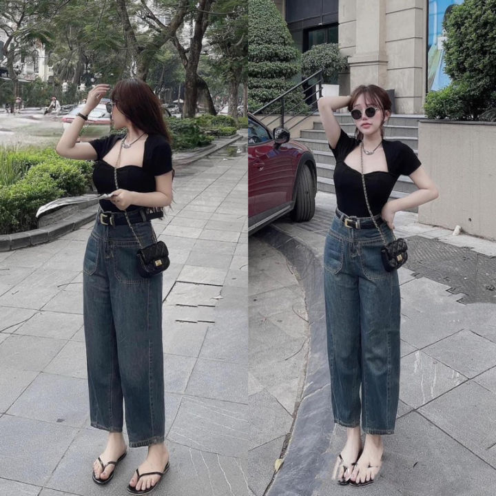 Quần jean nữ ống bom lưng cao túi vuông trước, quần baggy ống rộng bò ...