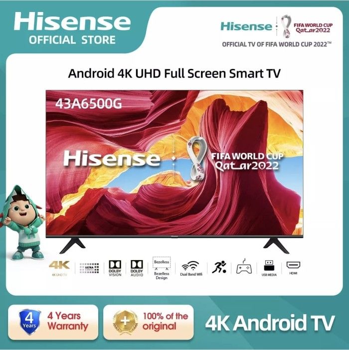 Hisense 43 inch Android 4K UHD-Full Screen Bezeless Smart TV 43A6500G ...