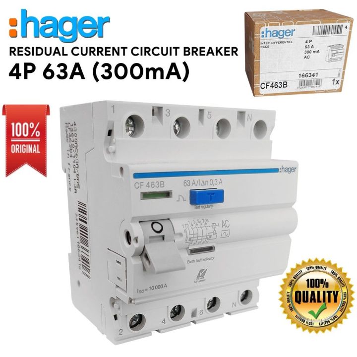 100% ORIGINAL + READY STOCK!! HAGER 63A 4 Pole 100mA 300mA RCCB ELCB ...